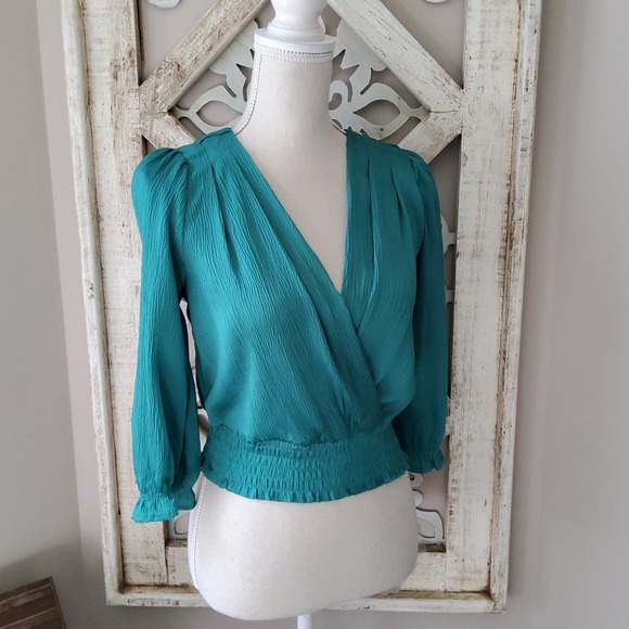 Monteau | Tops | Monteau Womens Faux Wrap Surplice Smocked Crop Top ...